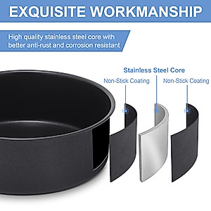 TeamFar 8 x 3 Inch Cake Pan Set, 2 PCS Stainless Steel Black Non-Stick Coating Baking Round Cake Pan for Birthday Wedding Layer Cakes, Non-Toxic & Anti-Rust, One-Piece Design & Heavy Duty