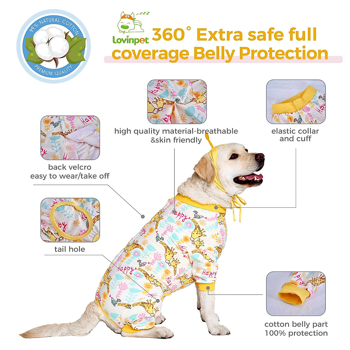 LovinPet Dog Surgery Recovery Suit - Professional Large Dog Recovery Suit Abdominal Wound Surgical Clothes Post-Operative Vest E-Collar Alternative Recovery,Giraffe,Yellow,L