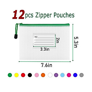 AUSTARK Plastic Mesh Zipper Pouch, 12Pcs Zipper File Bags with Label Pocket, Game Boards Storage Bags, Waterproof Document Storage Bags for Office Home Travel (B6 Size 7.6x5.3 in)
