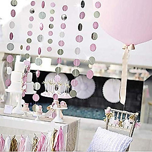 Glitter Silver Pink Circle Dot Garlands Party Decoratoins Polka Dots Streamer/Backdrop/Banner for Girls Birthday/Bday Party Hanging Decor/Bridal Baby Shower/Wedding/Anniversary/Engagement/Sweet 16