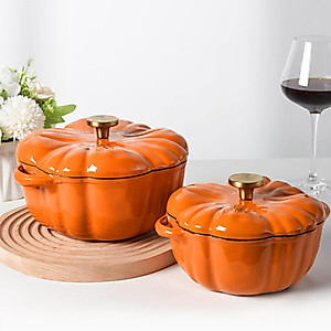 Hgjgwqh Cast Iron Dutch Oven, Pumpkin Shape Cooking Pot Casserole with Lid and Handles, Non-Stick Stew Pot Soup Pot Halloween Cooking Pot Enamel Cookware Crock Pot for Soup Porridge Stew Gift,1.5L