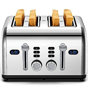 Toaster 4 Slice, REDMOND Stainless Steel Retro Toaster with LED Countdown Timer and Removable Crumb Tray, Dual Control Panel, Reheat Defrost Cancel Function, High Lift Lever, Silver