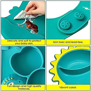 Dinosaur Silicone Baby Feeding Set |Toddler Utensils, baby spoon and fork, waterproof bibs, bowl & suction plates for Self-Feeding. Baby Led Weaning, Toddler feeding supplies. (Dino Green)