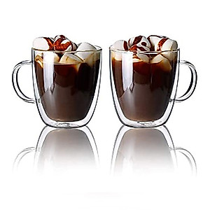 CNGLASS Double Wall Glass Coffee Mugs 12 oz,Insulated Glass Coffee Cups with Handle,Clear Coffee Glass,Cappuccino Cups,Tea Cups,Latte Cups,Beverage Glasses Heat Resistant,Set of 2
