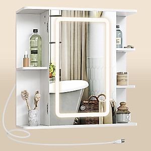 HOOBRO Bathroom Medicine Cabinet with Mirror, Wall-Mounted Cabinet with Storage, Lighted Medicine Cabinet with LED Lights, Charging Station, Adjustable Shelf, 5 Open Shelves, White