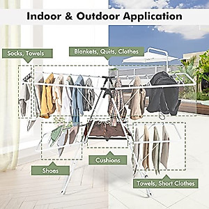 GOFLAME 2-Tier Clothes Drying Rack, Folding Laundry Dry Rack with Adjustable Supporting Bar, 26 Premium Clips, Space-Saving & Collapsible Laundry Hanger for Easy Storage, No Assembly Needed