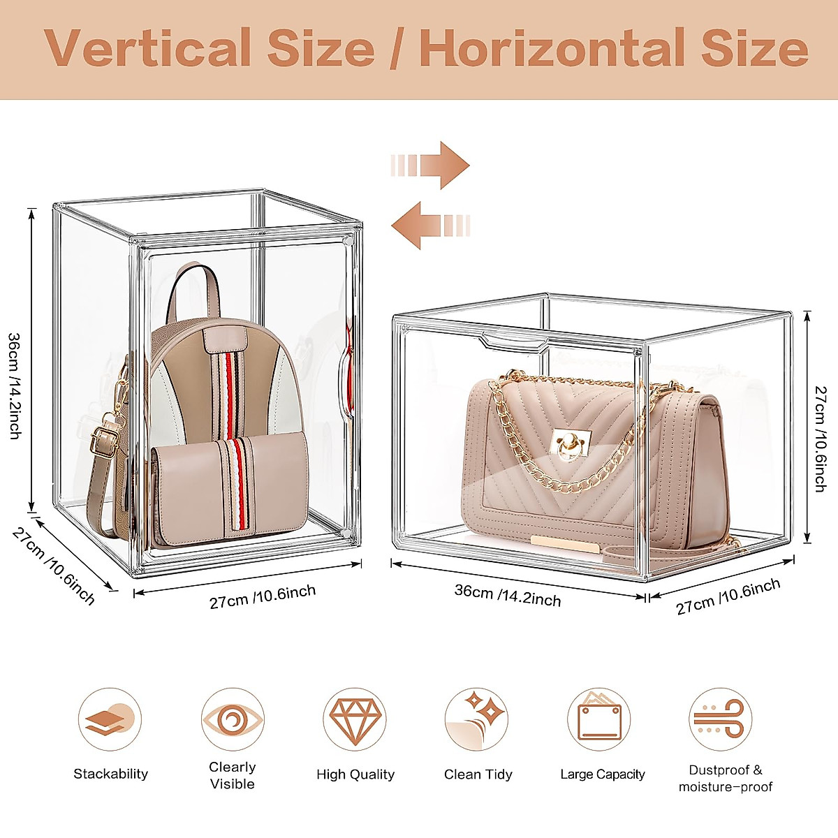 FODIENS 4 Packs Clear Handbag Storage Organizer for Closet, Acrylic Display Case for Purse Handbag, Stackable Purse Organizer Storage Box with Magnetic Door for Wallet Book Toys Collectibles