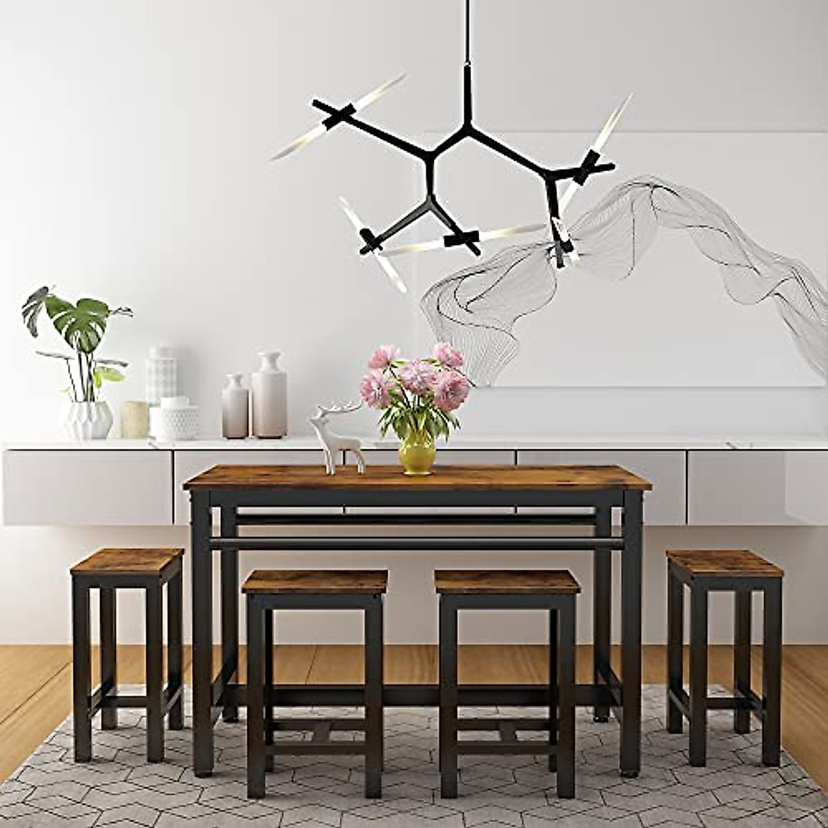 AWQM 5 Pcs Dining Table Set, Modern Bar Table Set with 4 Chairs, Home Kitchen Breakfast Table and Chairs Set Ideal for Pub, Living Room, Breakfast Nook, Easy to Assemble (Rustic Brown)