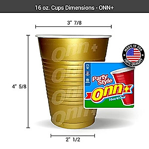 ONN+ Pack of 50 Disposable Plastic Cups, 16 Oz, Strong and Sturdy Disposable Cups for Parties or Celebrations (GOLD)