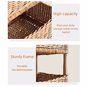 WKSPOO Rattan Shelving Unit 3 Tiers Standing Wooden Caddy, Hand Woven Floor Rattan Portable Laundry Bin Basket Applicable for Living Room, Bedroom, Kitchen(Color:Natural), 30*20*60cm