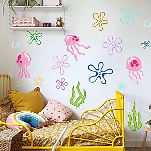 Under The Sea Jellyfish Bubbles Wall Stickers，Under The Sea Ocean Wall Decals，Removable Vinyl Under The Sea Decor，Underwater Sea Wall Stickers for Toddler Baby Nursery Living Room Office.