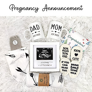 Pregnancy Gifts for New Parents Est 2023- New Mom Gifts Basket for Pregnancy Announcement, Baby Shower - Mom & Dad Mugs, Decision Coin, Ultrasound Frame, Swaddle Blanket, Bib, Socks
