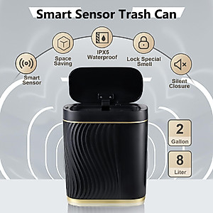 SYNCVIBE Bathroom Small Trash Can 2 Gallon Black Sensor Garbage Can with Lid, Plastic Automatic Trash Bin, Slim Motion Sensor Trash Can, Waterproof Smart Waste Bin for Living Room, Office, Bedroom