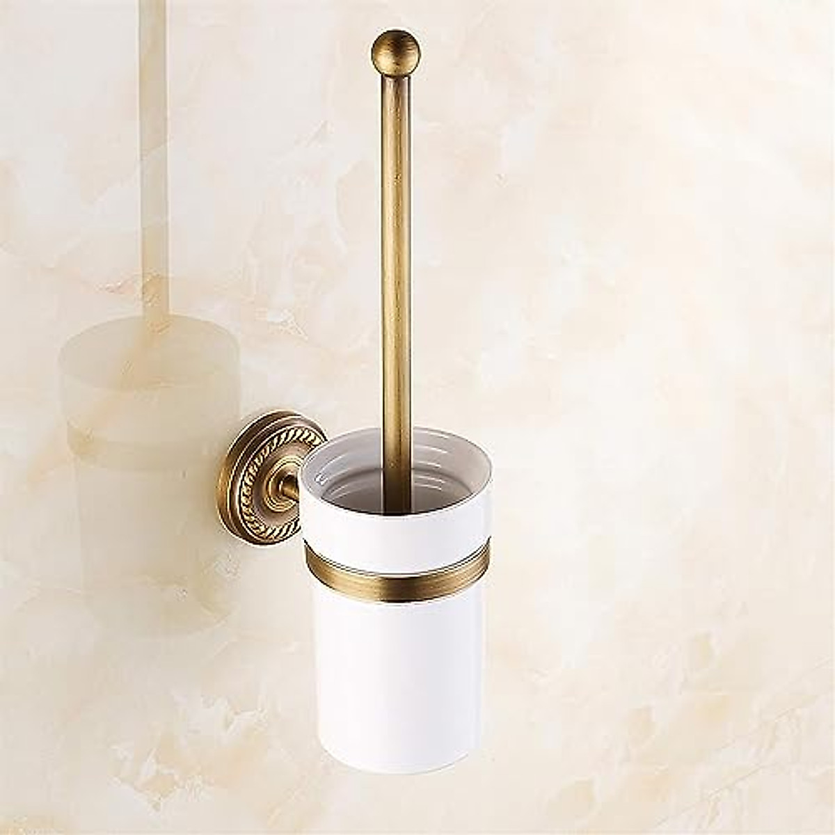 AAMNA Antique Brass Toilet Brush and Holder Wall-Mounted Ceramic Cleaning Brush w/Long Handle Deep Cleaner for Bathroom Storage and Organization