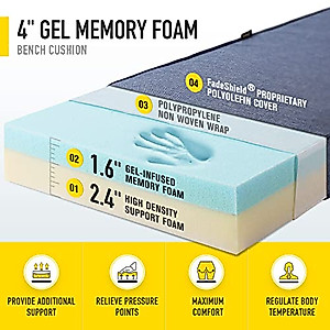 SUNROX Gel Memory Foam Bench Cushion with Ties, Ultra Durable Water Resistant FadeShield Outdoor/Indoor Universal Bench Seat Pads 48 x 16 x 4 inch, Heather Indigo