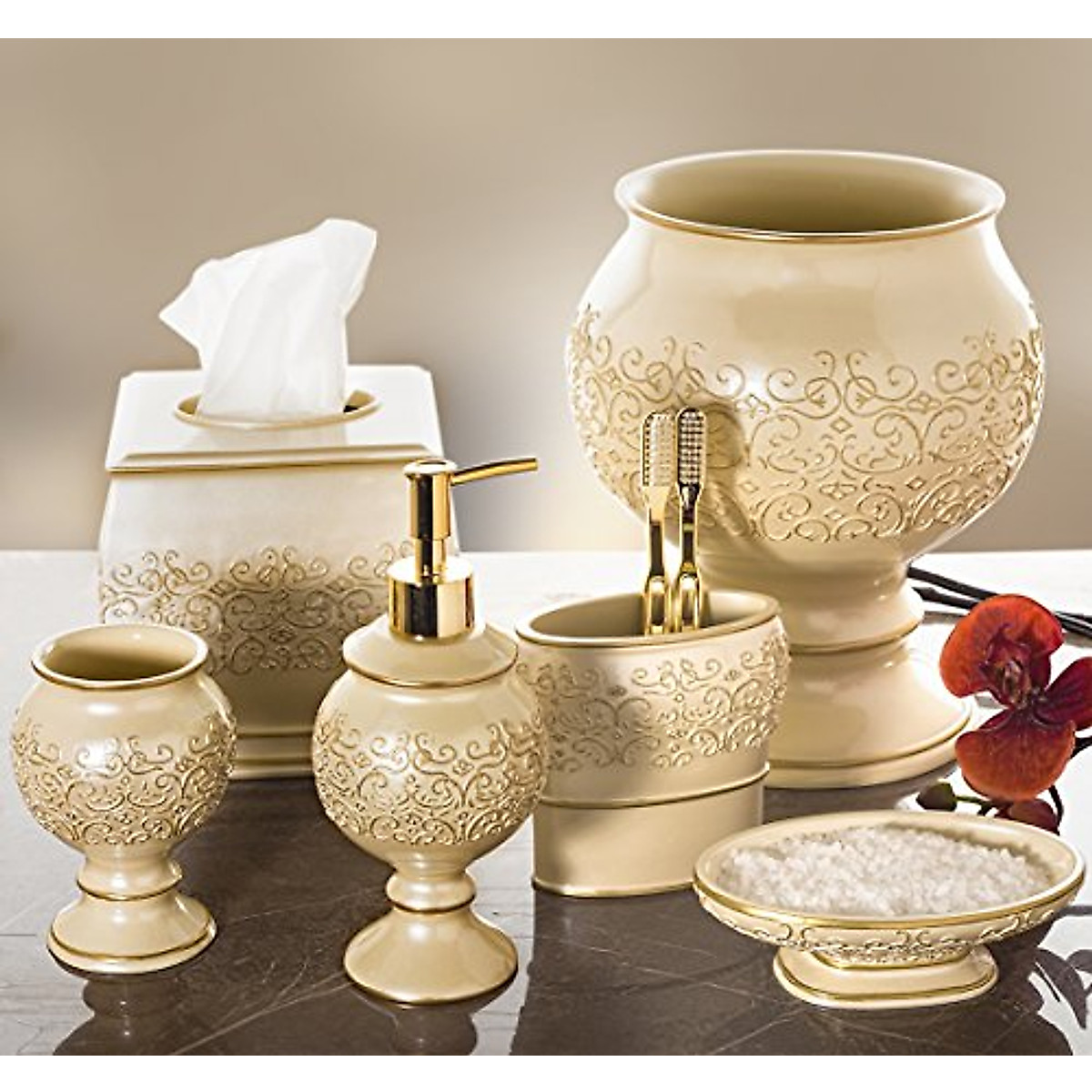 Creative Scents Bathroom Trash Can – Decorative Wastebasket - Durable Resin Waste Paper Basket - Space Friendly Bath Rubbish Dust Bin, Gold and Beige Bathroom Accessories (Shannon Style)