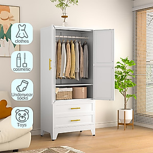 erosoei Metal Armoire Wardrobe Closet, 71 "Metal Clothing Storage Cabinet with Adjustable Shelves and Hanging Rod, Household Steel Wardrobe Storage Cabinet with Drawers (armoire-White)