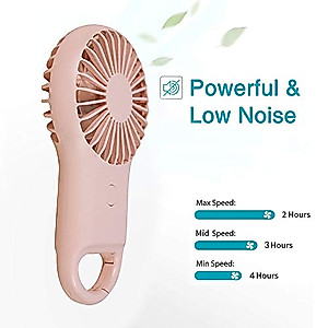 Hido Mini Handle Fan Battery Operate, Rechargeable Carabiner USB Mini Fan with Colorful Light, Portable Mini Handle Fan, Handle Fan Portable With Illumination for Camping Traveling Household, Pink
