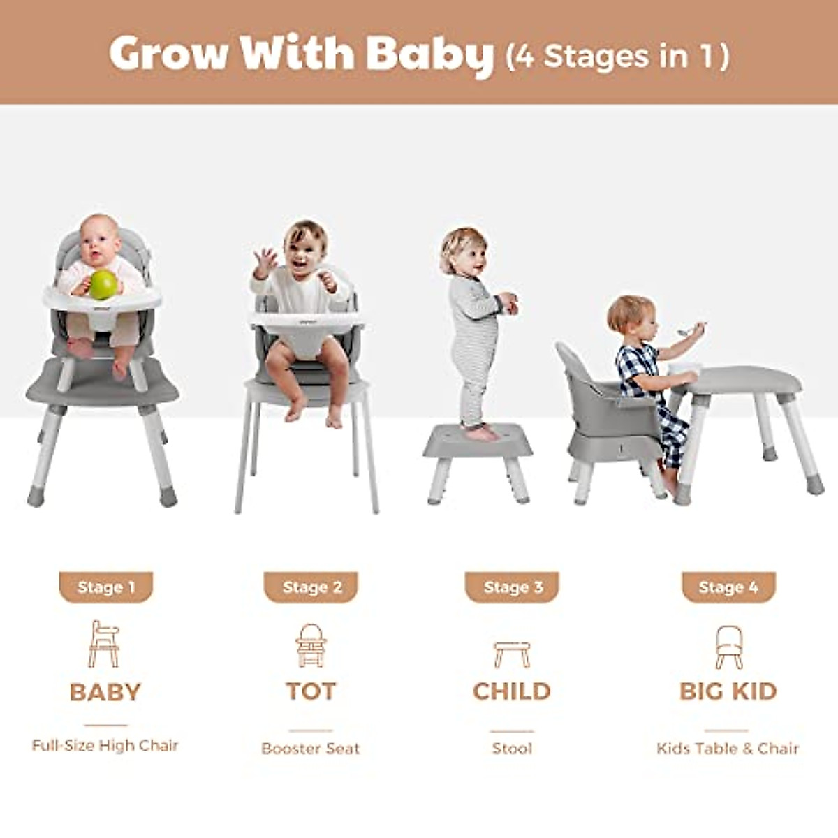VEEYOO Baby High Chair 6 in 1, Convertible high Chair/Dinning Booster Seat/Toddlers Table & Chair Set with Easy Clearance, Removable Tray, Adjustable Legs, Safety Harness for Girl/boy