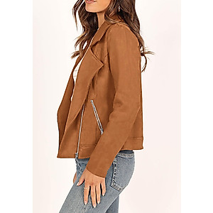 PRETTYGARDEN Womens Winter Faux Suede Motorcycle Jacket Long Sleeve Zipper Pockets Short Coat Y2K Fashion Dressy Outerwear (Brown,X-Large)