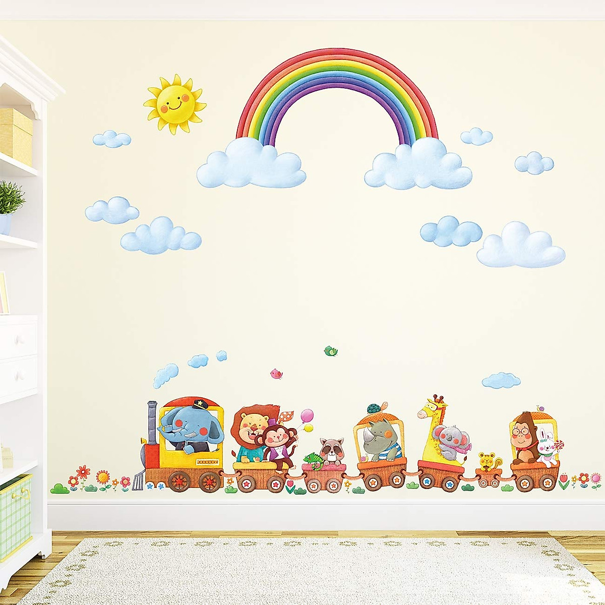 DECOWALL DA-1913P1406A Rainbow and Animal Train Kids Wall Stickers Wall Decals Peel and Stick Removable Wall Stickers for Kids Nursery Bedroom Living Room d?cor