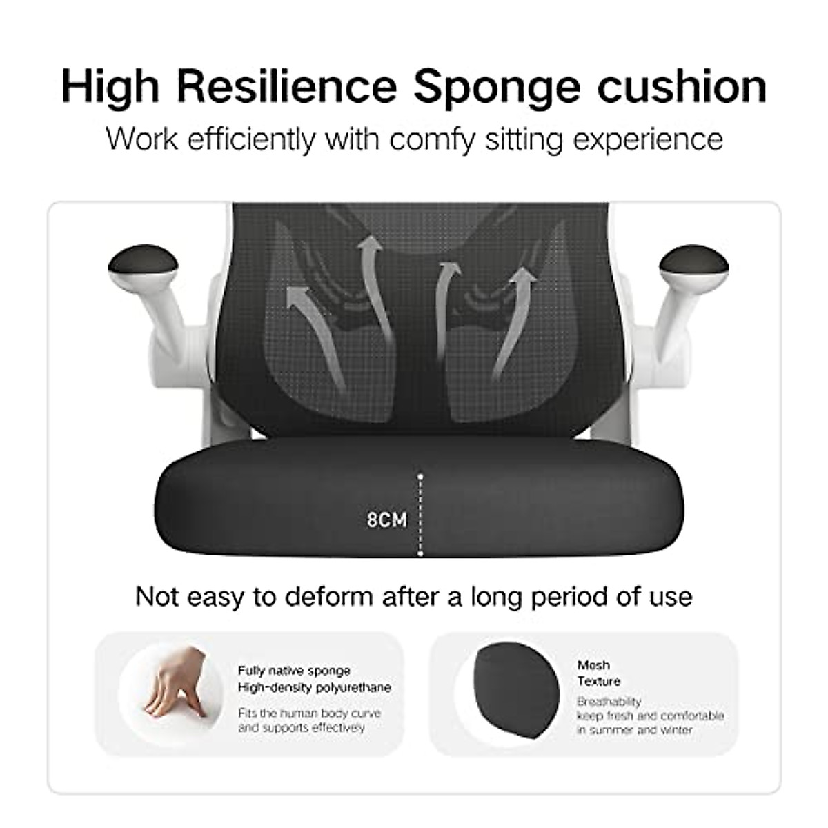 Hbada Ergonomic Office Chair Work Desk Chair Computer Breathable Mesh Chair with Adjustable Lumbar Support and Flip Up Arms, White