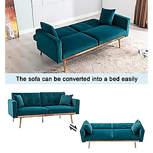 SLEERWAY Velvet Futon Sofa Bed with 5 Golden Metal Legs, Sleeper Sofa Couch with Two Pillows, Convertible Loveseat for Living Room and Bedroom, Teal