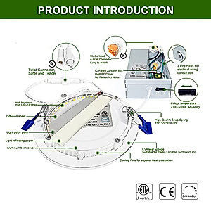 zouzai 12 Pack 4 Inch 5CCT Ultra-Thin LED Recessed Ceiling Light with Junction Box, 2700K/3000K/3500K/4000K/5000K Selectable, 9.5W 80W Eqv, Dimmable, led can Lights - ETL Certified