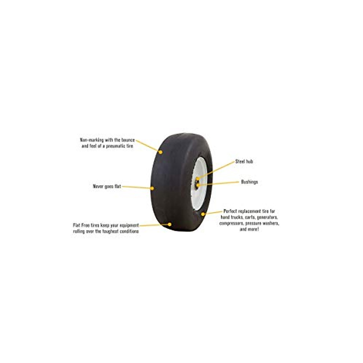 N12 2 New HORSESHOE 13x6.50-6 Flat-Free Lawn Mower Smooth Tires with Steel Rim for Garden Tractor - Hub Length 4 Inch -7.1 5/8 Precision Bearing 136506 T161, 13x6.50x6 13X6.5X6