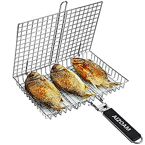 AIZOAM Grill Basket Stainless Steel BBQ Grilling Basket Large Folding Grill Basket with Removable Handle. Grill Basket for Fish,Vegetables Great Useful BBQ Accessories Grilling Gifts for Men Dad