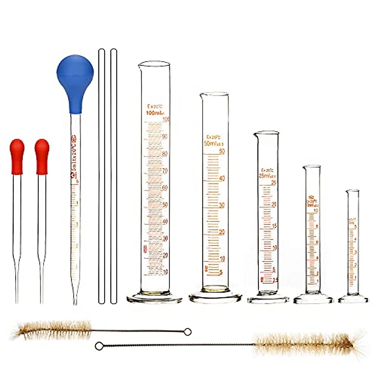 StonyLab Graduated Cylinder Set, 12 Pcs - Include 5 Borosilicate Glass Measuring Cylinders in 5 ml/10 ml/25 ml/50 ml/100 ml,3 Pipettes, 2 Stirring Rods & 2 Clean Brushes