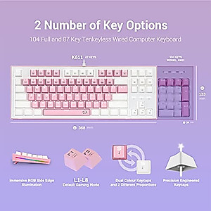 Redragon K611 Dual Color Keys Mechanical Gaming Keyboard Single White LED + RGB Side Edge Backlit 87 Key Tenkeyless Wired Computer Keyboard with Blue Switches for Windows PC (Pink + White)