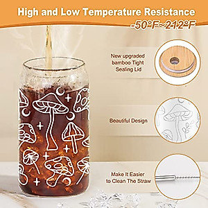 Lvoetgif Mushroom Iced Coffee Glasses with Bamboo Lids and Straw, Cute Mushroom Drinking Beer Can Shaped Cup, Aesthetic Birthday Gifts for Mushroom Lovers Women Mom Best friend wife