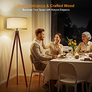 LEPOWER Wood Tripod Floor Lamp, Mid Century Standing Lamp, Modern Design Studying Light for Living Room, Bedroom, Study Room and Office, Flaxen Lamp Shade with E26 Lamp Base