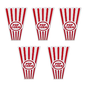 Plastic Popcorn Containers for Movie Nights - Red & White Classy, Vintage Style Popcorn Buckets - Tall, Reusable Retro Popcorn Cups for Carnivals - Dishwasher Safe (Pack of 5)