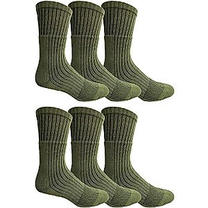 Yacht & Smith 6 Pairs Of Mens Military Grade Thick Padded Terry Lined Cotton Socks, Ribbed, Dry Wicking, Heavy Duty Crew Sock Green