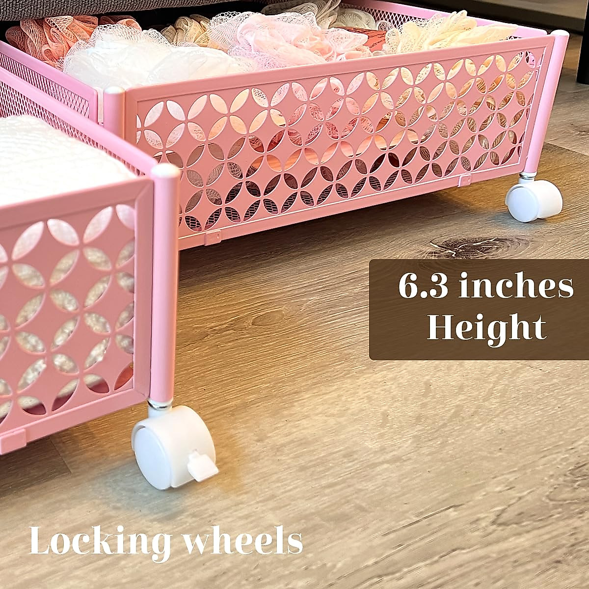 Under Bed Storage with Wheels - 2 pack - Collapsible Underbed Containers Dorm Organizer Bins for Shoe Shoes Clothes Toys - Pink