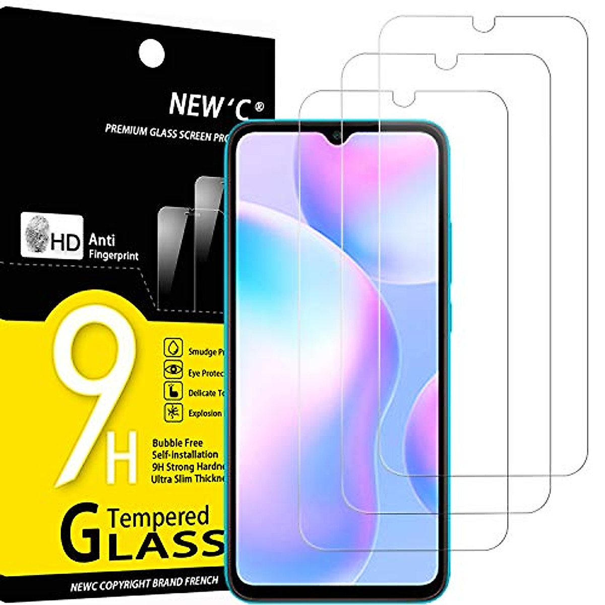 NEW'C 3 Pack Designed for Xiaomi Redmi 9A, Xiaomi Redmi 9C Screen Protector Tempered Glass, Case Friendly Anti Scratch Bubble Free Ultra Resistant