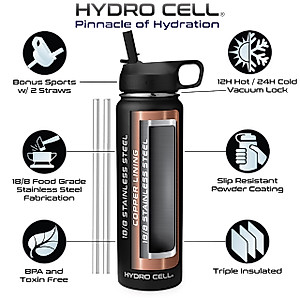 HYDRO CELL Stainless Steel Insulated Water Bottle with Straw - For Cold & Hot Drinks - Metal Vacuum Flask with Screw Cap and Modern Leakproof Sport Thermos for Kids & Adults (Black 24oz)