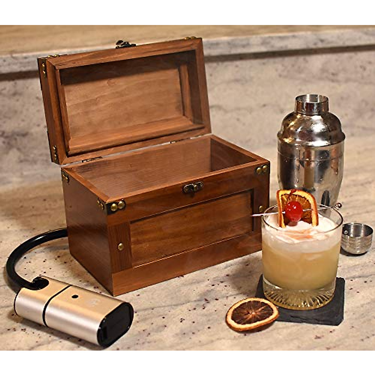 Cocktail Smoker Box Smoking Gun Wood Smoke Infuser I Indoor Smoker Wooden Box 9”x 5” x 6” with Smoke Infuser 4.7” x 2.4” x 1.4” I Portable Smoke Generator Smoking Accessories