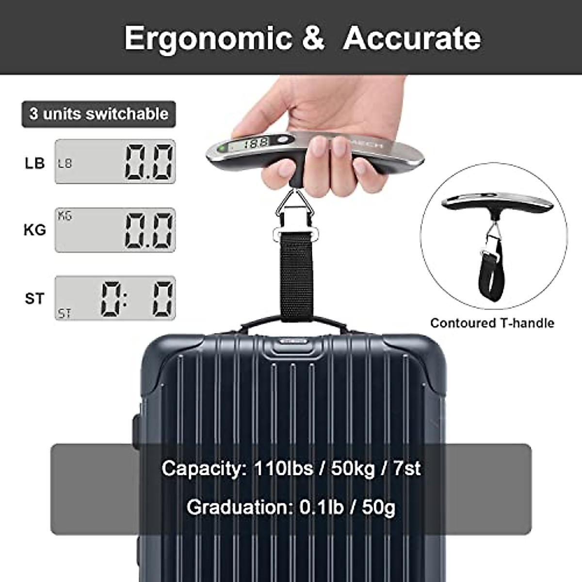 BROMECH Digital Luggage Scale, 110lbs Hanging Baggage Scale, Portable Suitcase Weighing Scale Stainless Steel, Travel Luggage Weight Scale with Hook, Strong Straps for Travelers, Battery Incl., Silver