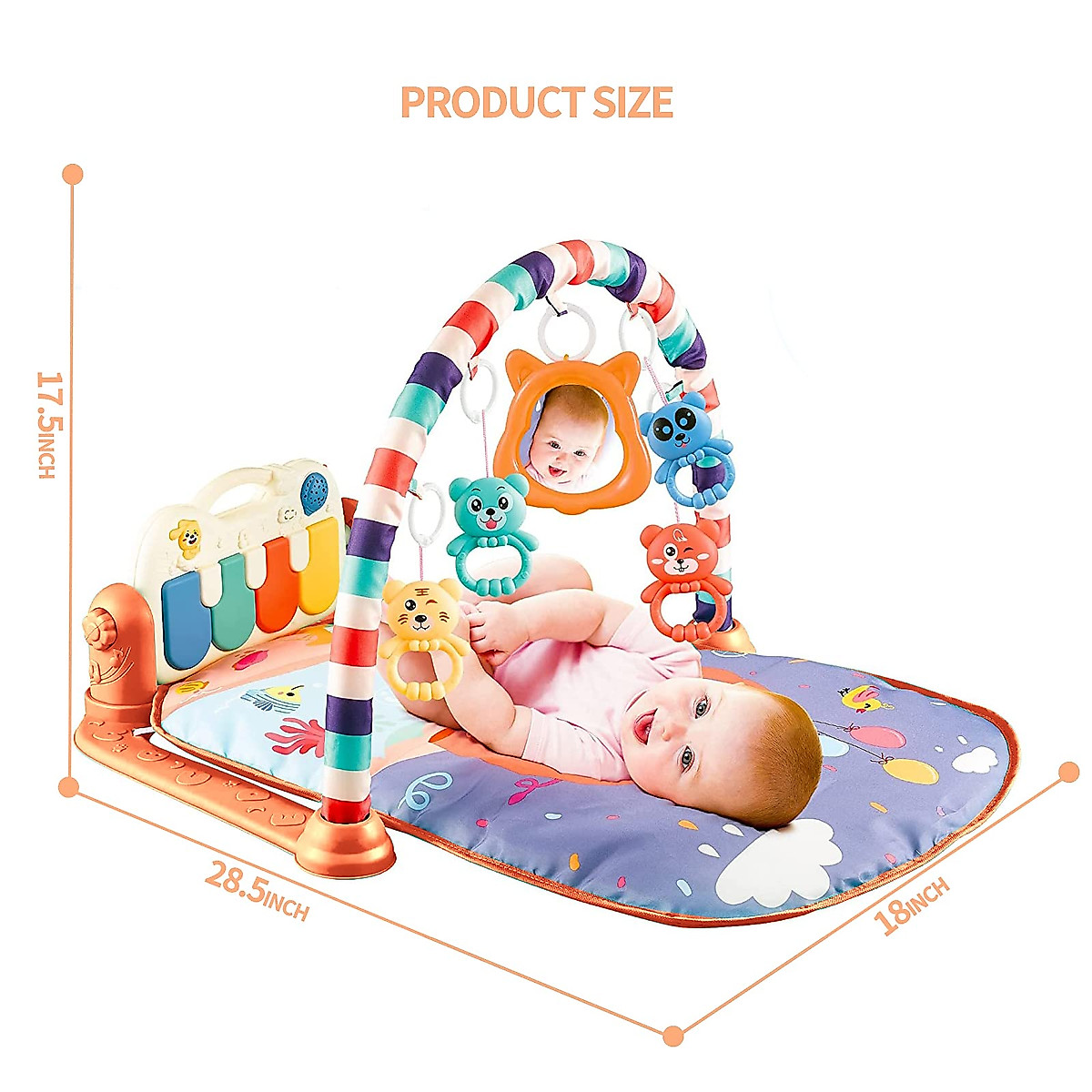 Baby Gym Play Mat, Kick and Play Piano Gym Mat for Infants, Tummy Time Mat Activity Center with Mirror for Newborn Toys 3-6-9 Months(Orange)