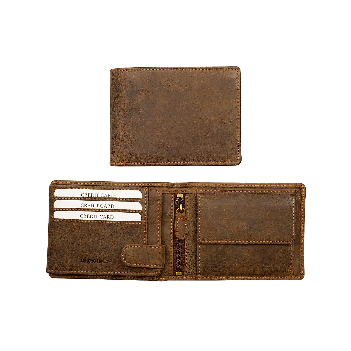 DiLoro Italy Full Size Mens Leather Wallet Bifold Flip ID Zip Coin Wallets with RFID Protection (Dark Hunter Brown With ID)