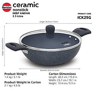 HAWKINS Ceramic Nonstick 2.5 Litre Deep Kadhai, Induction Deep Fry Pan with Glass Lid, Granite Kadai (ICK25G)