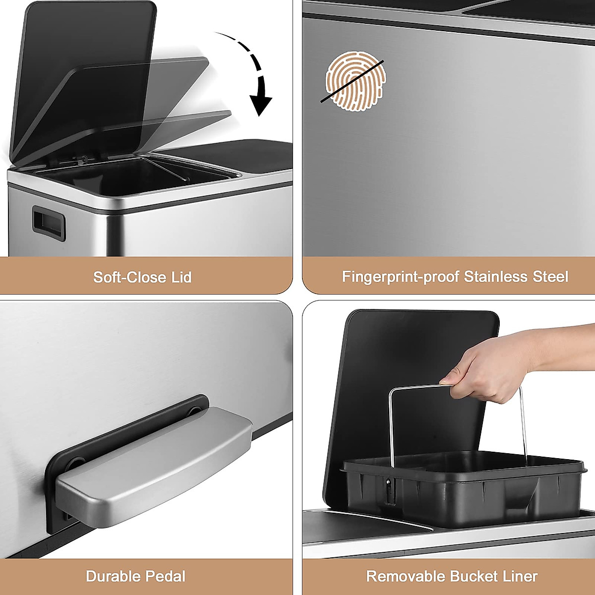 finetones Dual Step Trash Can, 16 Gallon (2×30L) Stainless Steel Garbage Can with 2 Soft-Close Lid and 2 Removable Inner Wastebasket, Bin Body with Handle for Kitchen, Home Office, Silver