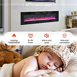 MAISON ARTS 72" Electric Fireplace Indoor Wall Mounted & Recessed Fireplace Heater with Remote Control & Touch Screen,8hrs Timer, Adjustable Flame & Bed Colors and Speed for Bedroom Living Room,1500W