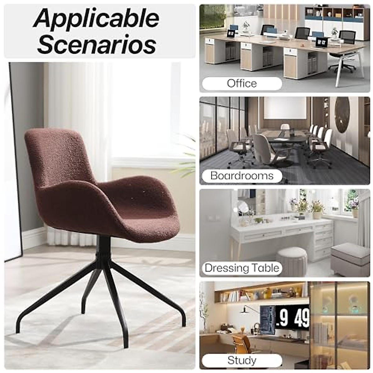 YITAI Desk Chair No Wheels,360° Swivel Wide Seat Armchair with Metal Legs,Modern Accent Upholstered Vanity Chair, Reading Chair,Dining Chairs,Coffee Chair, for Bedroom,Living Room,Dark Brown