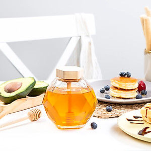 12 Ounce Glass Honey Jars with Dipper,Airtight Hexagonal Lid Glass Honey Jars,Honey Jar with Natural Wood Lid and Dipper Transparent Honey Jar and Honey Stick set with Lid TIMUR HOME KITCHEN (Cork)