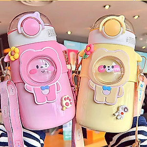 Kawaii Bear Straw Water Bottle with Shoulder Strap, Leak-proof Stainless Steel Vacuum BPA free Cute Insulated Water Bottles and Kawaii Stickers for Girls School Office(Pink)