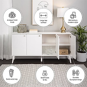 Prepac Milo Mid-Century 4 Door Buffet, 16" D x 64" W x 32" H, White